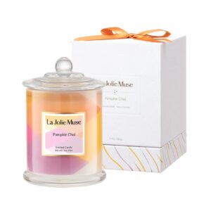 la jolie muse pumpkin candles, fall scented candle, pumpkin chai candles, luxury candle women gifts, natural soy wax, 75 hours long burning time, autumn home candle gift