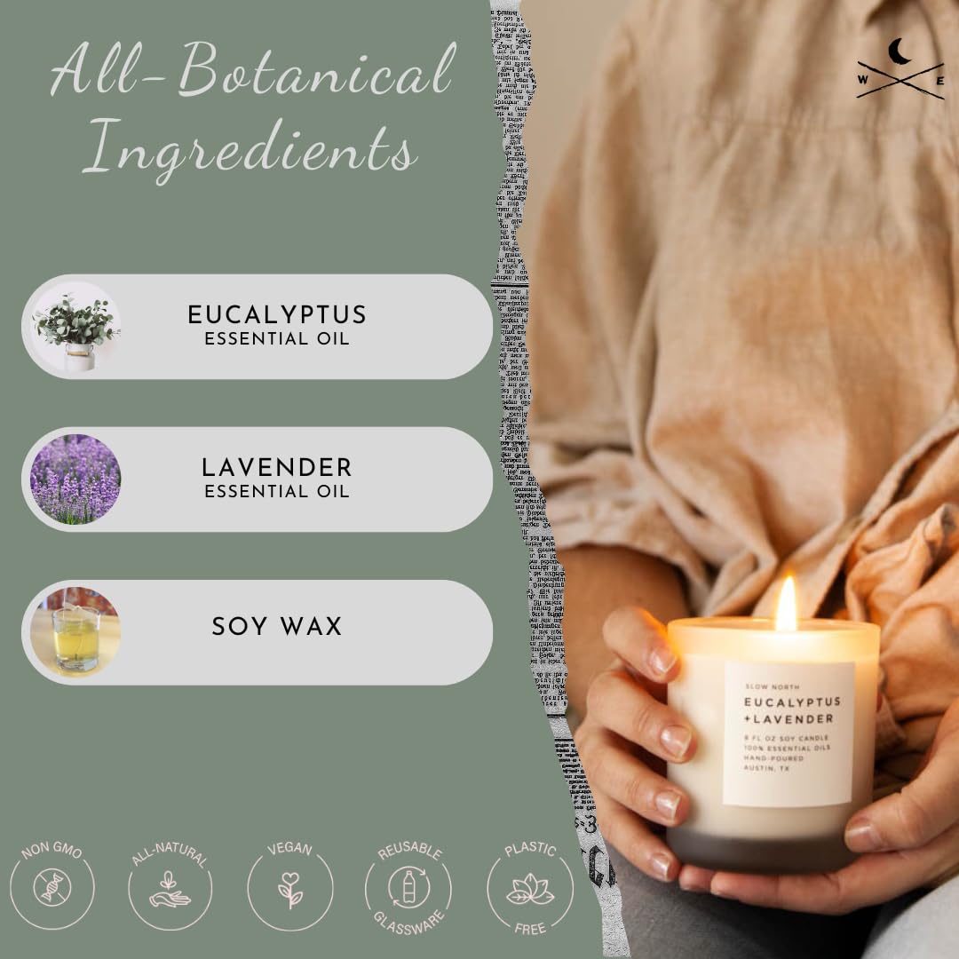 Eucalyptus + Lavender Candle - Essential Oils and 100% Pure Soy Wax Candle in a Reusable Frosted Glass Jar - A Unique and Mindful Scented Candle Hand-Poured in The USA (8 oz)