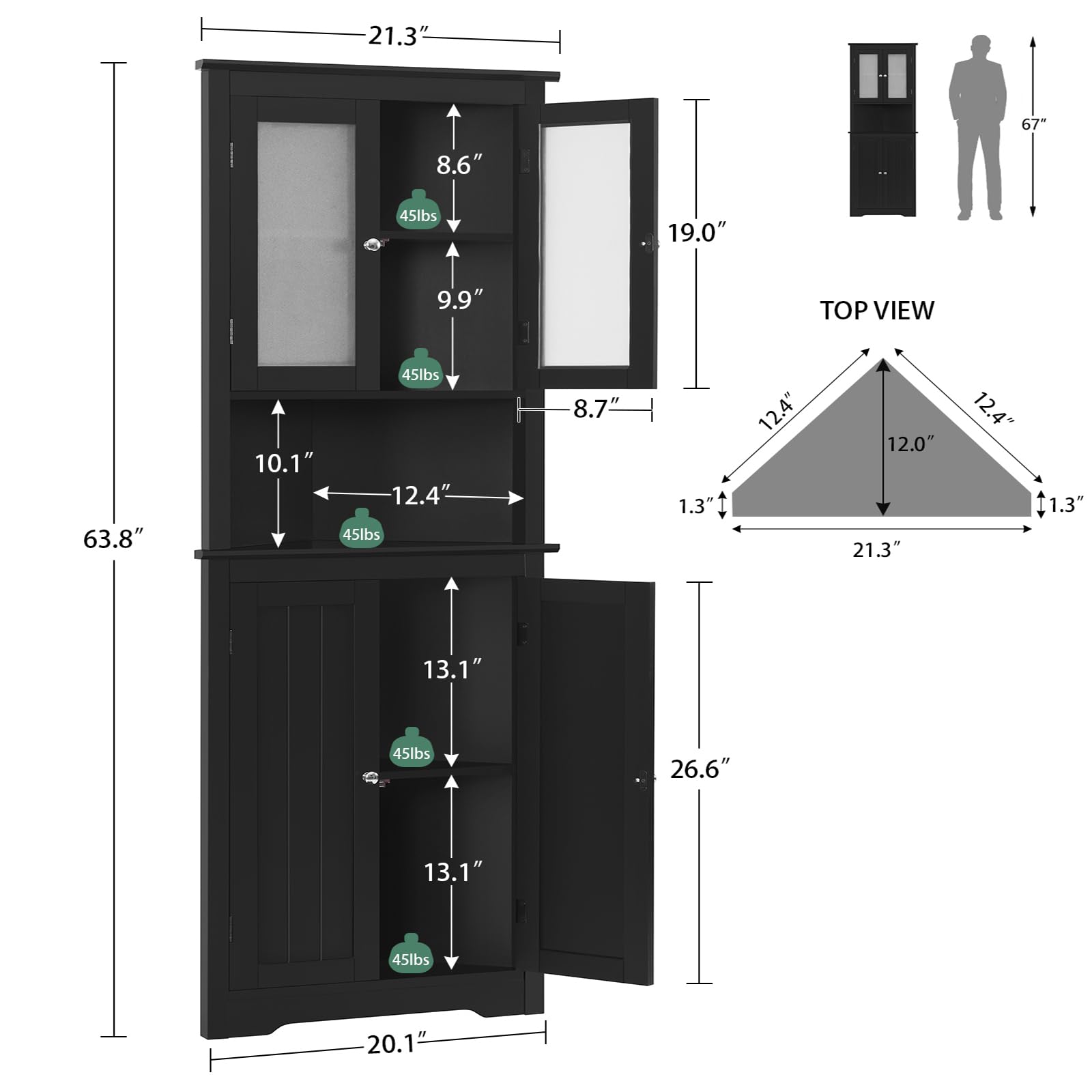 Iwell 63.8" Tall Corner Cabinet with 4 Doors and 5 Storage Shelves, Corner Bathroom Cabinet, Home Space Saver for Bathroom, Living Room, Kitchen, Black