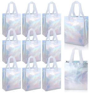 isusser 24 pack holographic gift bags with white handles non woven reusable handled gift bags iridescent tote bags glossy welcome bags for shopping birthday party wedding, 8 x 4 x 10 inch