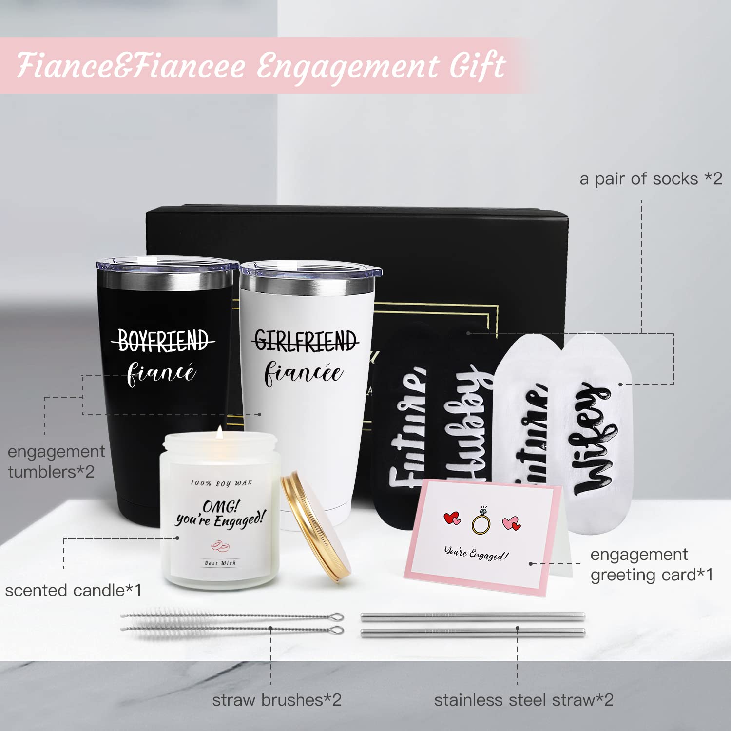 Engagement Gifts for Couples Women, Cool Wine Engaged Tumbler Gift Set Newly Presents for his and her him Fiance Fiancee Friend, Girlfriend Boyfriend Ideas with Straws, Socks, Candle & Greeting Card