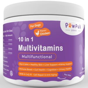 pawpuk paws multifunctional dog supplements and vitamins, silymarin, green lipped mussel, glucosamine, msm, salmon oil, probiotics, co-q10, nmn, antioxidant, immune, gut, uti, radiant skin & coat