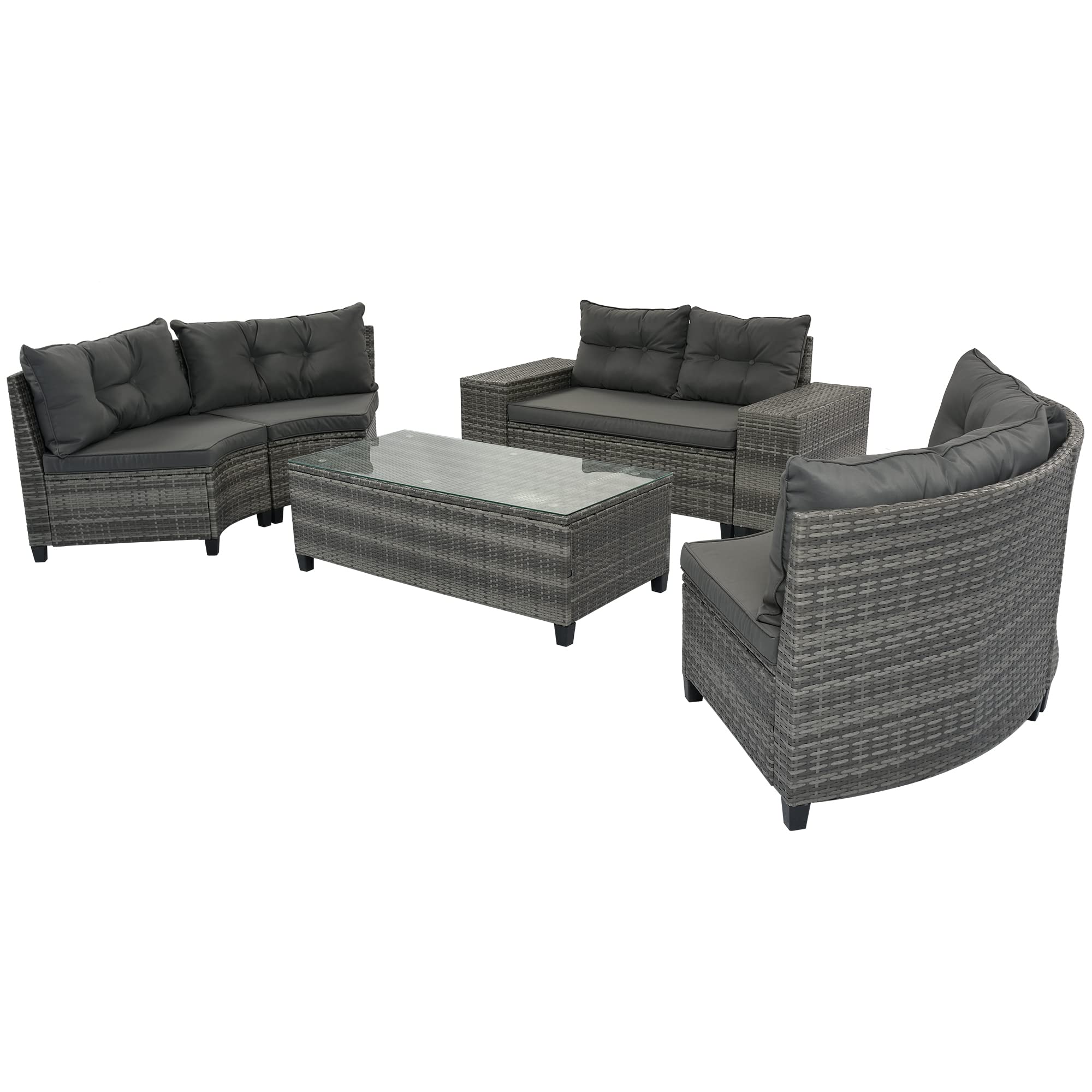 Merax 8-pieces Outdoor Wicker Round Sectional Curved Sofa Set with Rectangular Coffee Table, PE Rattan Water-resistant and UV Protected, Movable Cushion, Half-Moon Style, Grey