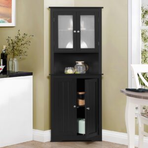 iwell 63.8" tall corner cabinet with 4 doors and 5 storage shelves, corner bathroom cabinet, home space saver for bathroom, living room, kitchen, black