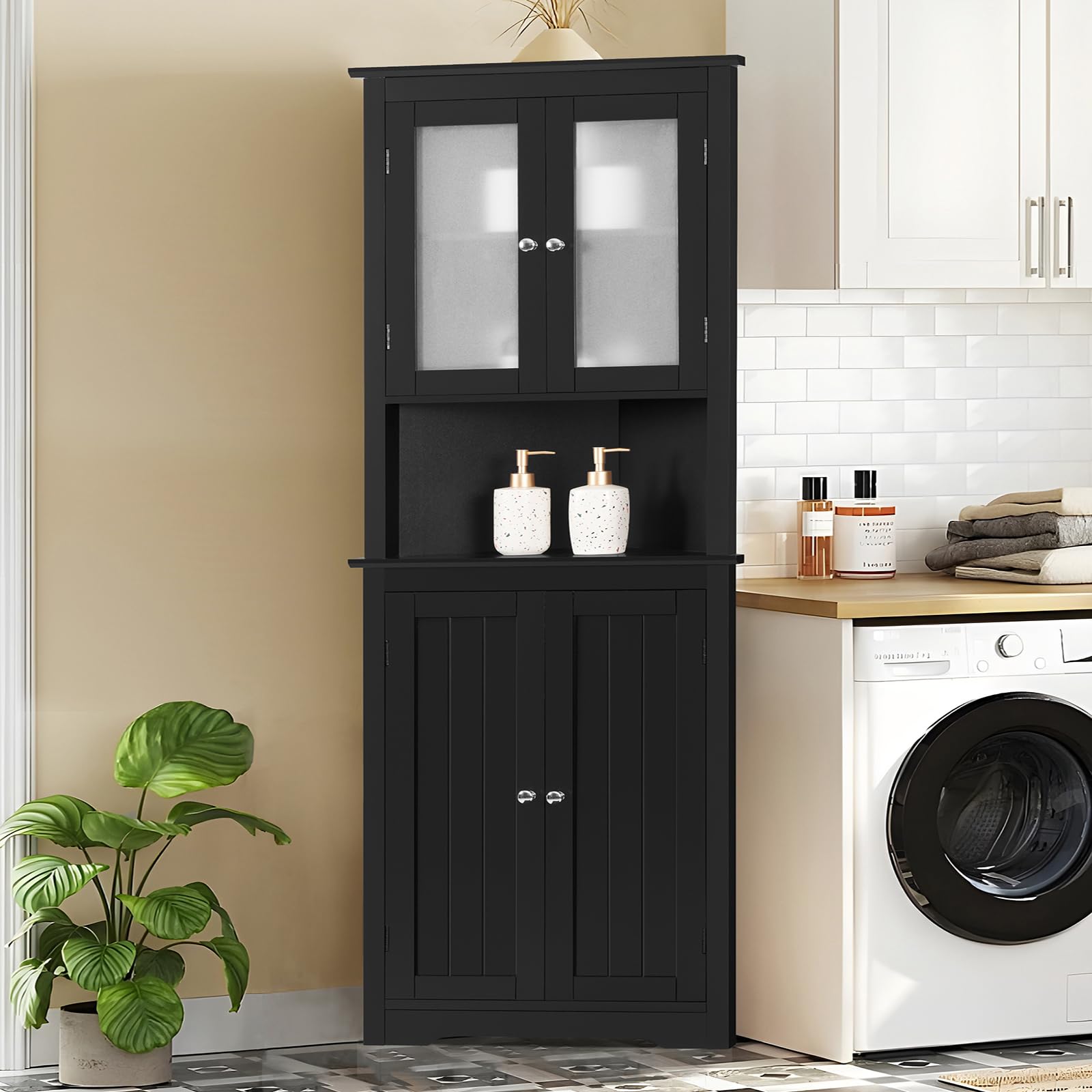 Iwell 63.8" Tall Corner Cabinet with 4 Doors and 5 Storage Shelves, Corner Bathroom Cabinet, Home Space Saver for Bathroom, Living Room, Kitchen, Black