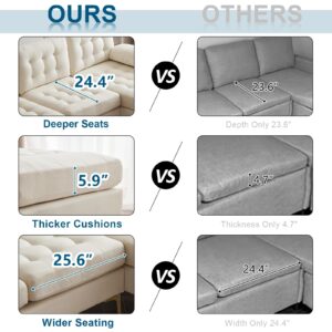 VINGLI 110" Modern U Shaped Sectional Sofa Couch with 51" D Double Chaise for Living Room, Large Tufted Button Couch Sets with 5.9" Thickness Seating Padding for Small Spaces (Beige,Tufted Button)