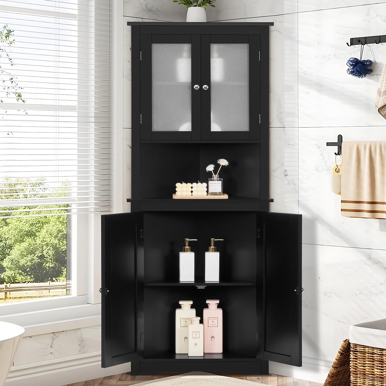 Iwell 63.8" Tall Corner Cabinet with 4 Doors and 5 Storage Shelves, Corner Bathroom Cabinet, Home Space Saver for Bathroom, Living Room, Kitchen, Black