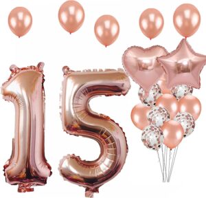 15th birthday decorations party supplies, jumbo rose gold foil balloons for birthday party supplies,anniversary events decorations and graduation decorations sweet 15 party,15th anniversary