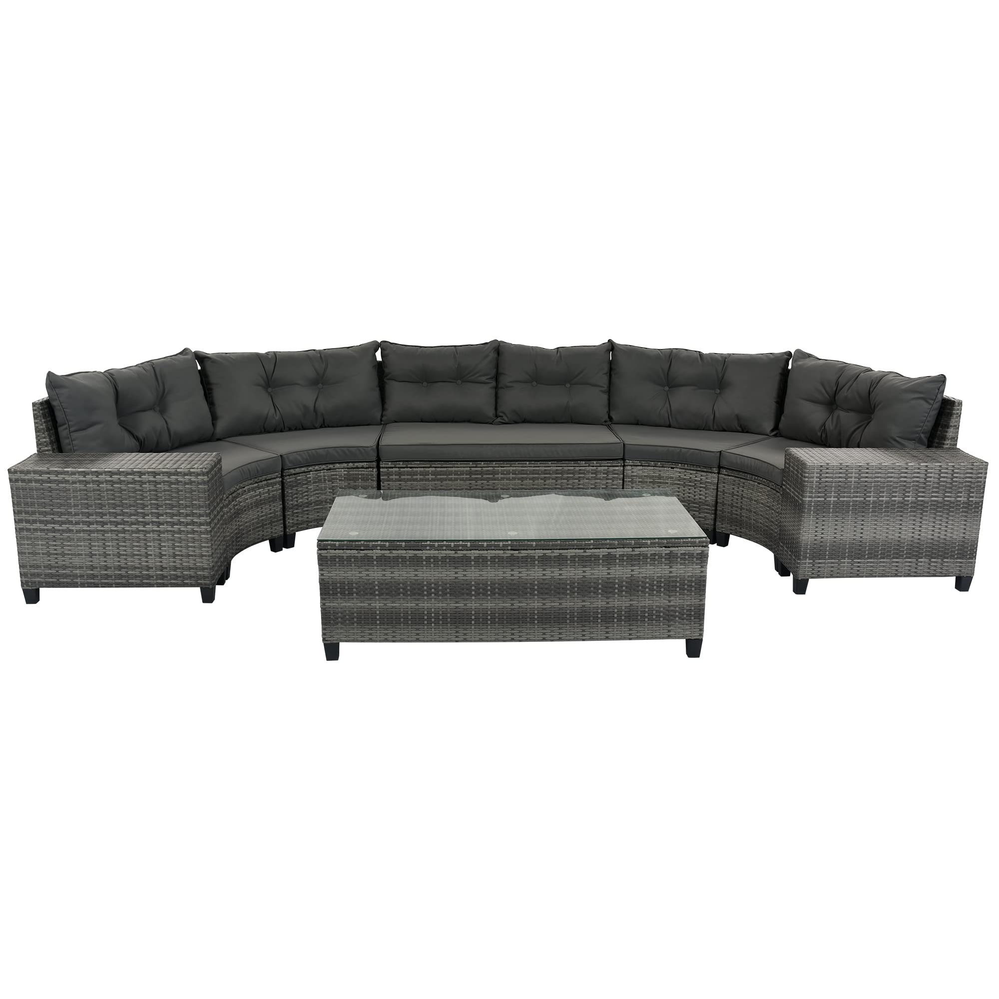 Merax 8-pieces Outdoor Wicker Round Sectional Curved Sofa Set with Rectangular Coffee Table, PE Rattan Water-resistant and UV Protected, Movable Cushion, Half-Moon Style, Grey