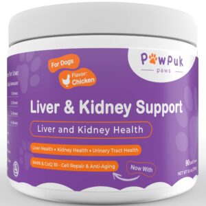 pawpuk paws liver & kidney vitamins supplements for dogs, sam-e & silymarin - liver function, nmn & coq10 - anti-aging, rehmannia & rhubarb - natural herbal kidney support, cranberry - ut health