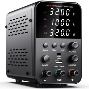 dc power supply variable, 32v 10a bench power supply with encoder knob, 4-digits display, adjustable regulated lab power supply with 5v 3.6a usb & type-c quick-charge, output switch