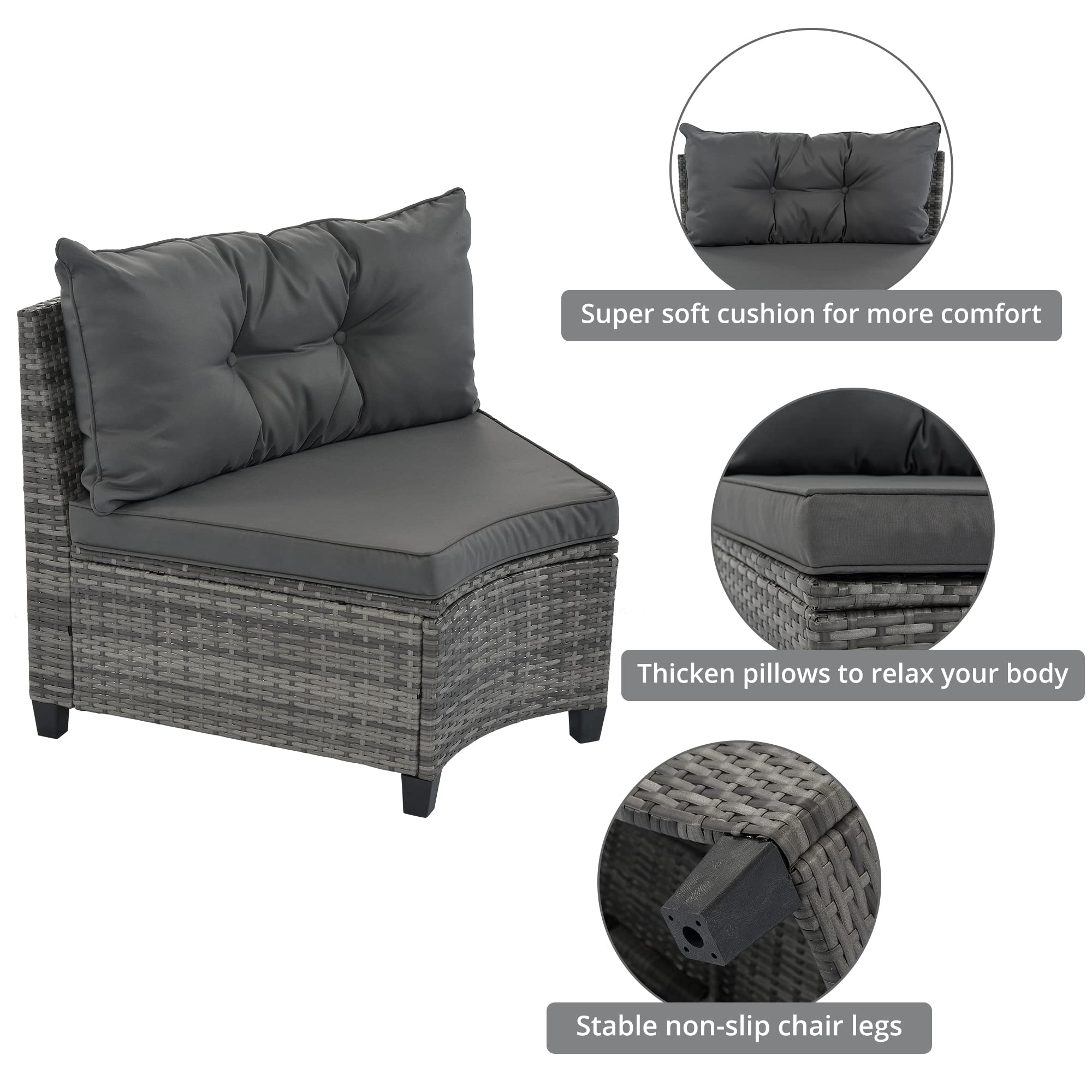 Merax 8-pieces Outdoor Wicker Round Sectional Curved Sofa Set with Rectangular Coffee Table, PE Rattan Water-resistant and UV Protected, Movable Cushion, Half-Moon Style, Grey