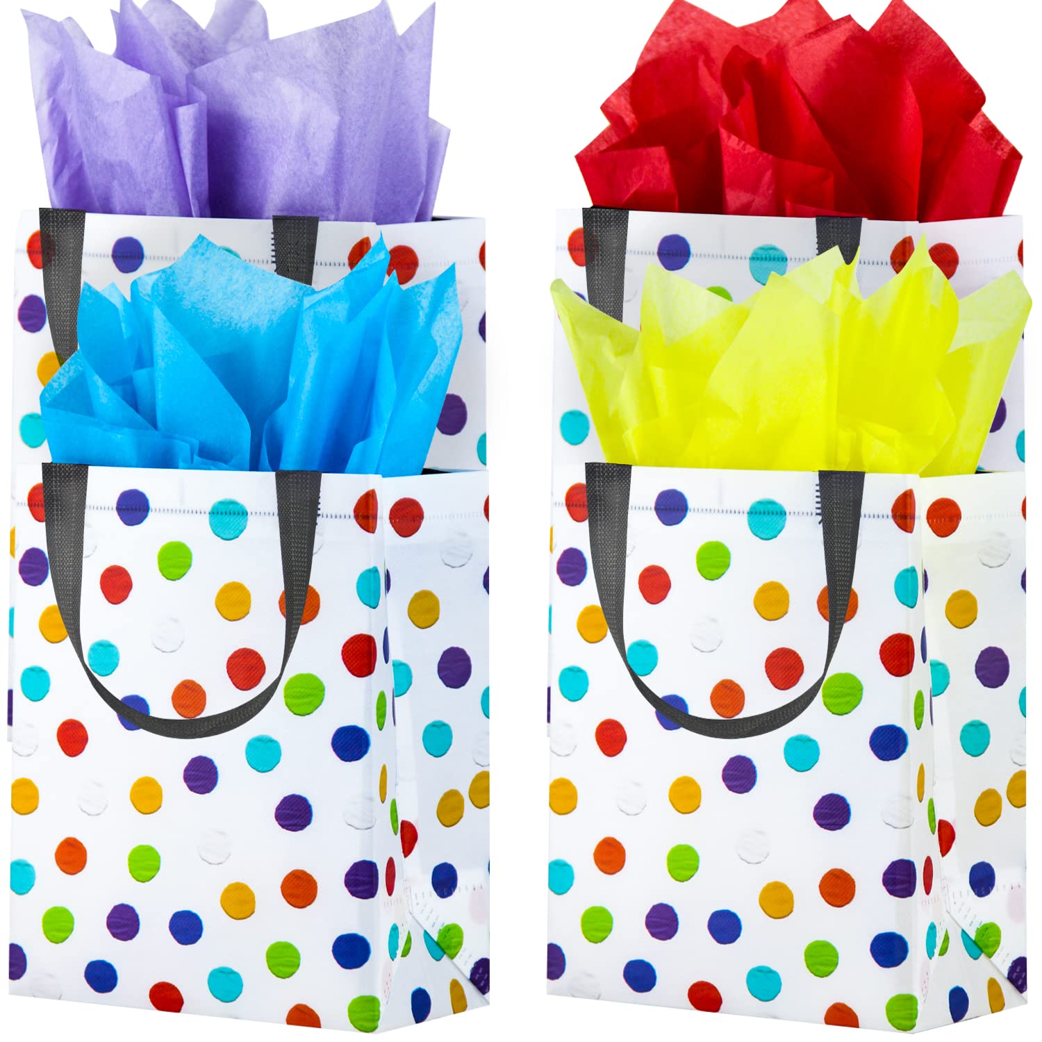 BLEWINDZ 16Pcs Reusable Gift Bags with Tissues - Medium Rainbow Polka Dot Party Favor Bags for Christmas, Birthday, Baby Shower, Grocery Shopping, Wedding (10" x 7.6" x 3.9")