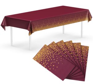 neatiffy 54 x 108 inch rectangle plastic table cloth picnic/camping/birthday party/banquet table cover. disposable/reusable tablecloths - burgundy with golden dot