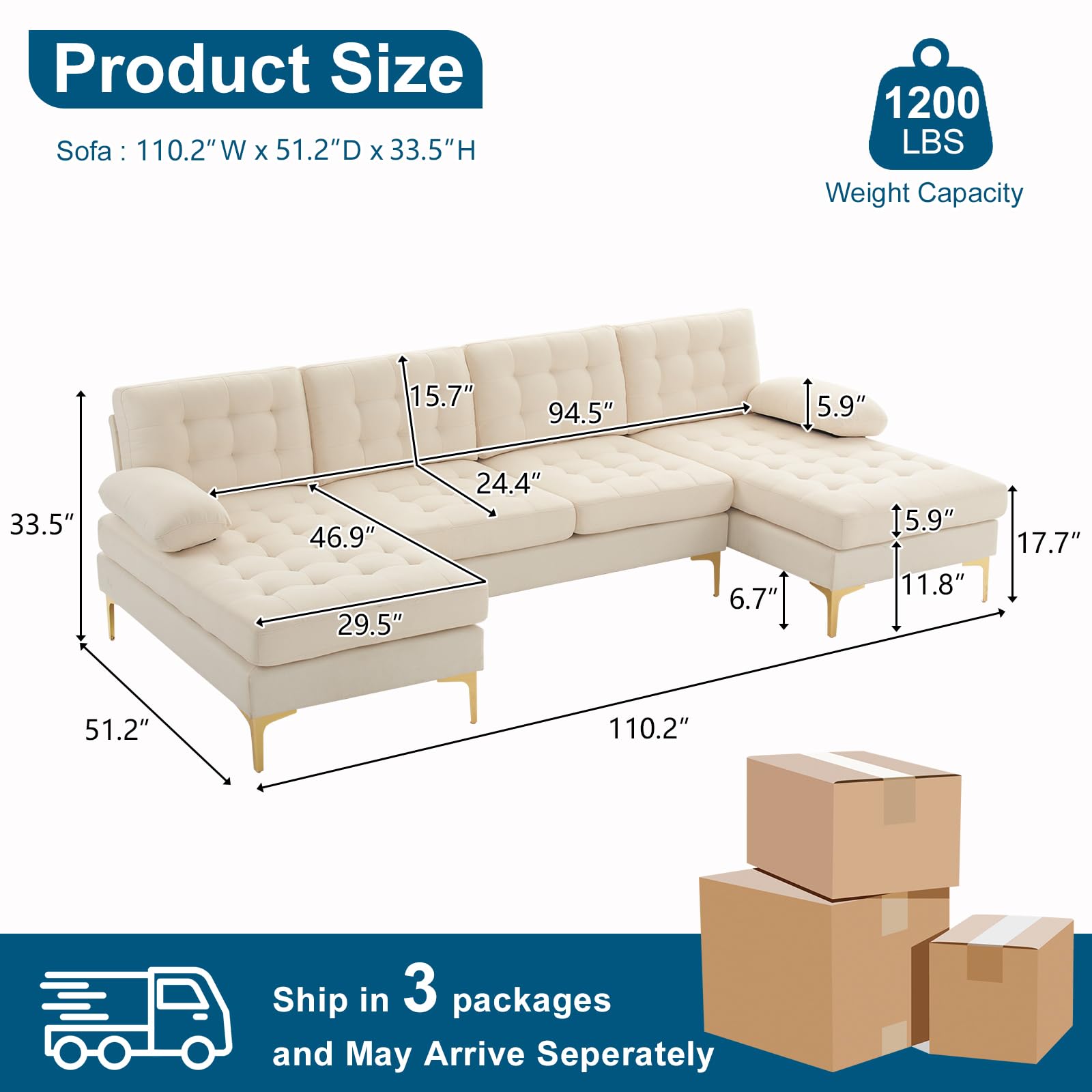 VINGLI 110" Modern U Shaped Sectional Sofa Couch with 51" D Double Chaise for Living Room, Large Tufted Button Couch Sets with 5.9" Thickness Seating Padding for Small Spaces (Beige,Tufted Button)