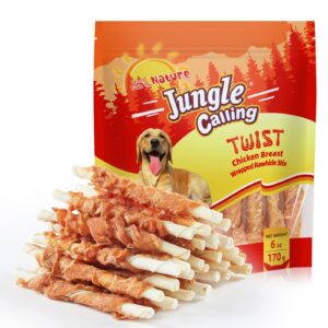 jungle calling dog treats, chicken wrapped rawhide sticks for dogs, delicious and nutritious training reward treats and dog chews snacks, 6 oz