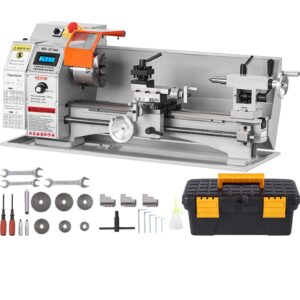 vevor mini metal lathe machine, 7'' x 16'', 800w precision benchtop power metal lathe, 150-2500 rpm continuously variable speed, with 3.9'' 3-jaw metal chuck tool box for processing precision parts