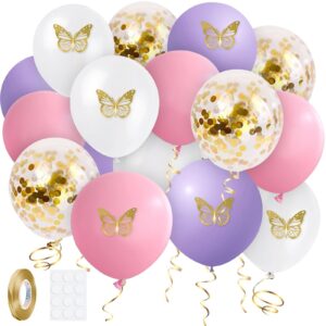 pink purple white latex balloons with gold 3d butterfly, 62pcs 12 inch light pink purple gold confetti party balloons with ribbon for girl birthday baby shower decorations (gold series)