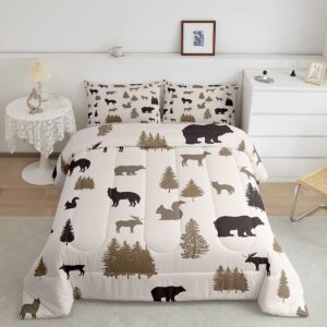 rustic bear comforter set for kids boys girls full,elk moose squirrel wolf wildlife printed bedding set,animal silhouette farm style quilt set,grey woodland wildlife duvet inserti with 2 pillowcases