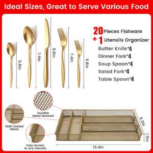 20 Pieces Gold Silverware Set with Tray for 4, KITWARE Stainless Steel Flatware Set, Mirror Polished Culery Set for Home Restaurant Office, Starter Set Tableware