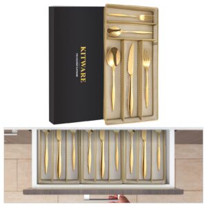 20 Pieces Gold Silverware Set with Tray for 4, KITWARE Stainless Steel Flatware Set, Mirror Polished Culery Set for Home Restaurant Office, Starter Set Tableware