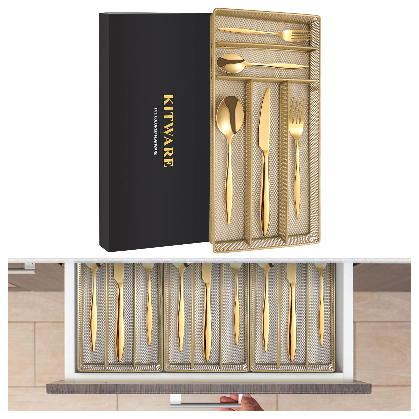 20 Pieces Gold Silverware Set with Tray for 4, KITWARE Stainless Steel Flatware Set, Mirror Polished Culery Set for Home Restaurant Office, Starter Set Tableware