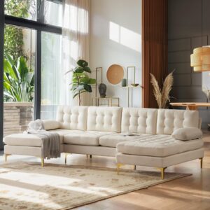 VINGLI 110" Modern U Shaped Sectional Sofa Couch with 51" D Double Chaise for Living Room, Large Tufted Button Couch Sets with 5.9" Thickness Seating Padding for Small Spaces (Beige,Tufted Button)