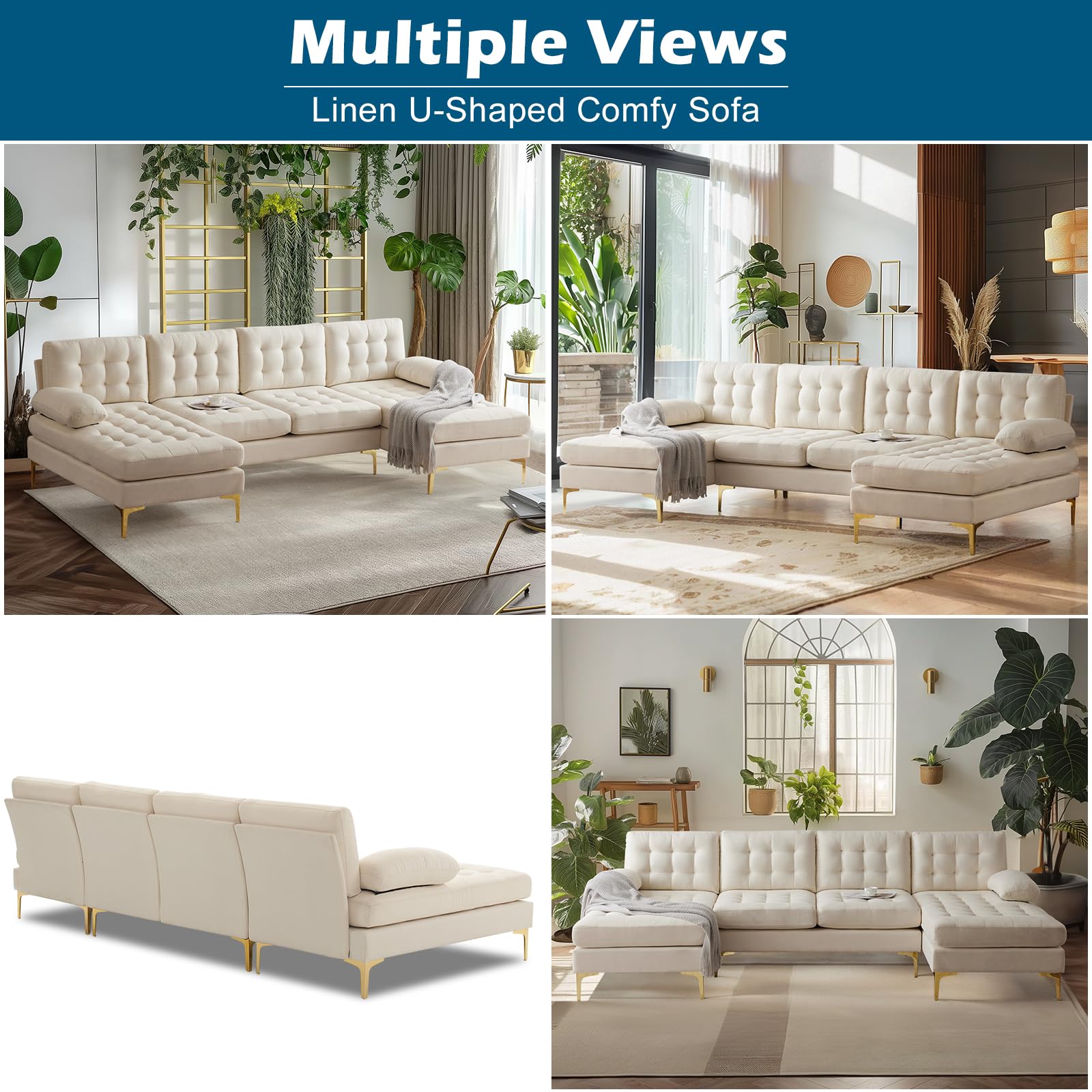 VINGLI 110" Modern U Shaped Sectional Sofa Couch with 51" D Double Chaise for Living Room, Large Tufted Button Couch Sets with 5.9" Thickness Seating Padding for Small Spaces (Beige,Tufted Button)