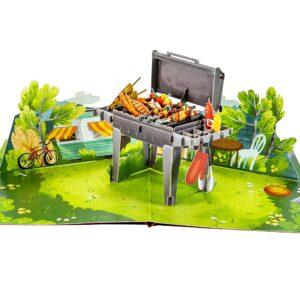 BBQ Party Grill Up Some Fun - 3D Pop Up Greeting Card For All Occasions - Love, Birthday, Christmas, Summer, Congrats - Removable Personalized Message Note - Thick Envelope, Fold Flat - 5x7 Inch