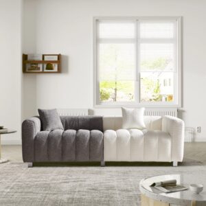 hdxdkog 87.4'' oversized sofa comfy teddy bouclé couch with 2 pillows, premium 3-seater bubble couch, fluffy loveseat curved sofa for living room/bedroom,home/office (white-grey)