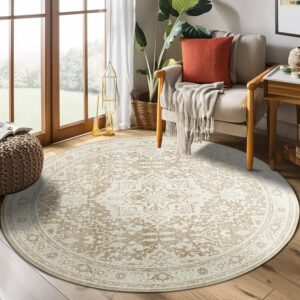 jinchan round rug 4ft, bohemian area rug indoor hallway circle rug washable rug vintage floral medallion non slip with rubber backing for living dining room entryway taupe