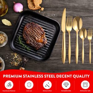 20 Pieces Gold Silverware Set with Tray for 4, KITWARE Stainless Steel Flatware Set, Mirror Polished Culery Set for Home Restaurant Office, Starter Set Tableware