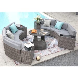 sunsitt outdoor patio furniture 11-piece half-moon sectional round patio furniture set curved outdoor sofa with aluminum lift top round coffee table, grey rattan, grey cushions