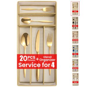 20 pieces gold silverware set with tray for 4, kitware stainless steel flatware set, mirror polished culery set for home restaurant office, starter set tableware