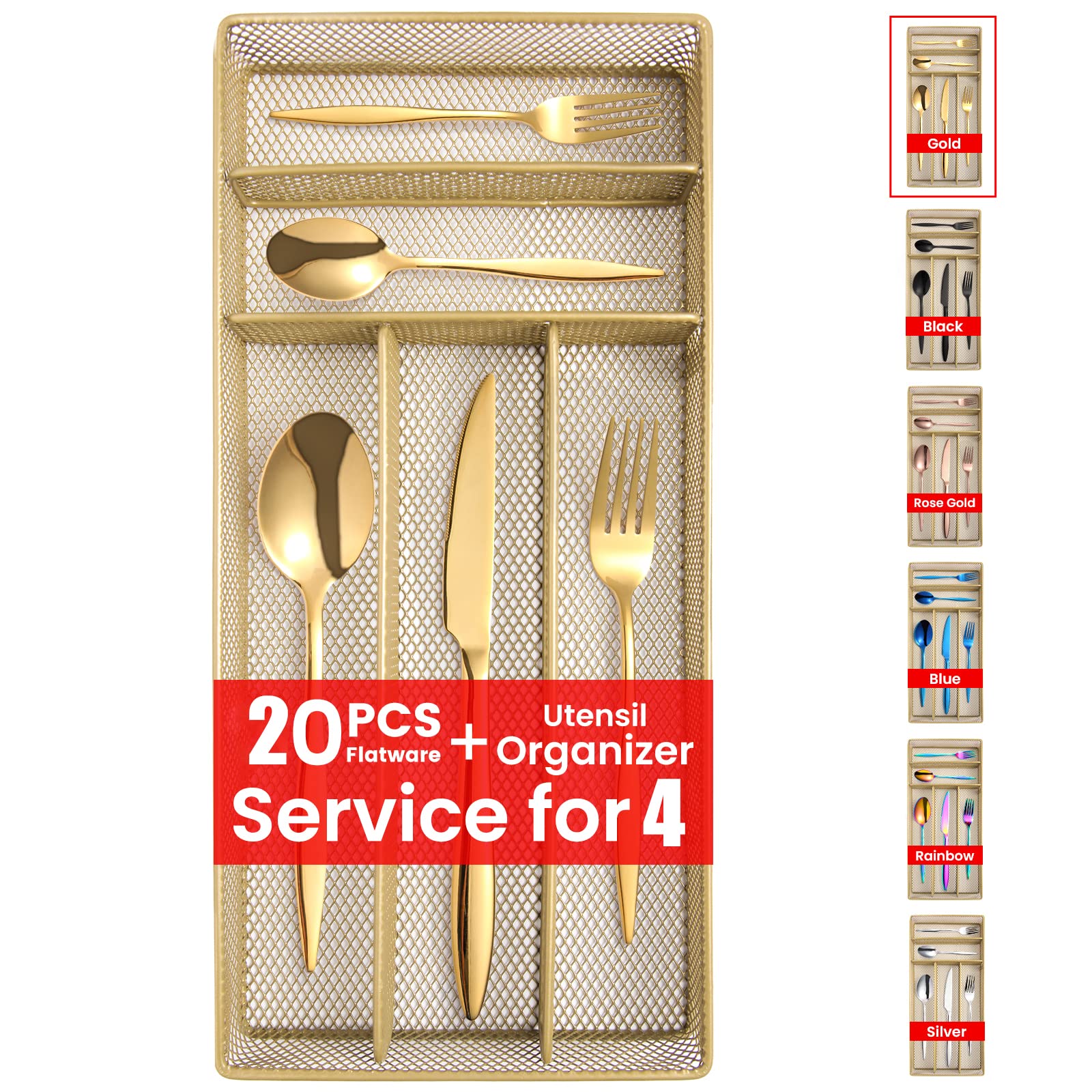 20 Pieces Gold Silverware Set with Tray for 4, KITWARE Stainless Steel Flatware Set, Mirror Polished Culery Set for Home Restaurant Office, Starter Set Tableware