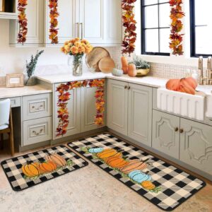 Buffalo Plaid Pumpkin Fall Decorative Kitchen Rugs Set of 2,Non Skid Washable, Home Seasonal Fall Holiday Party Autumn Harvest Thanksgiving Kitchen Mat 17"x47"+17"x30"