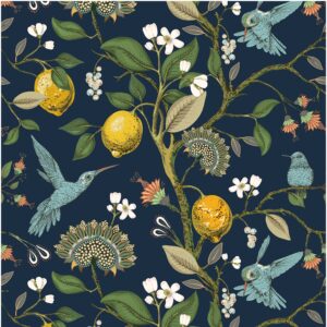 blooming wall blue bird fresh lemon tree peel and stick wallpaper removable self adhesive wall mural wall decor, 14.5 square ft/roll