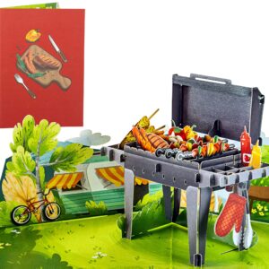 BBQ Party Grill Up Some Fun - 3D Pop Up Greeting Card For All Occasions - Love, Birthday, Christmas, Summer, Congrats - Removable Personalized Message Note - Thick Envelope, Fold Flat - 5x7 Inch