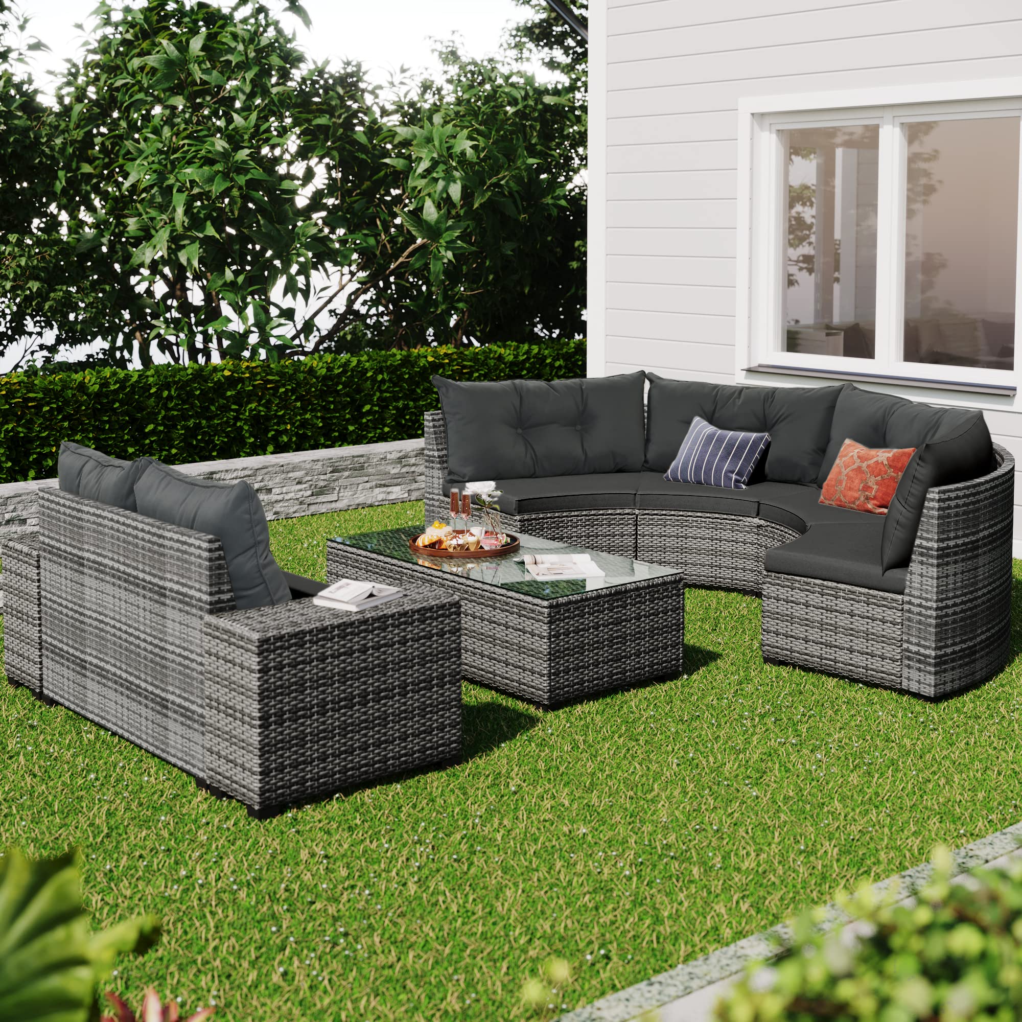 Merax 8-pieces Outdoor Wicker Round Sectional Curved Sofa Set with Rectangular Coffee Table, PE Rattan Water-resistant and UV Protected, Movable Cushion, Half-Moon Style, Grey