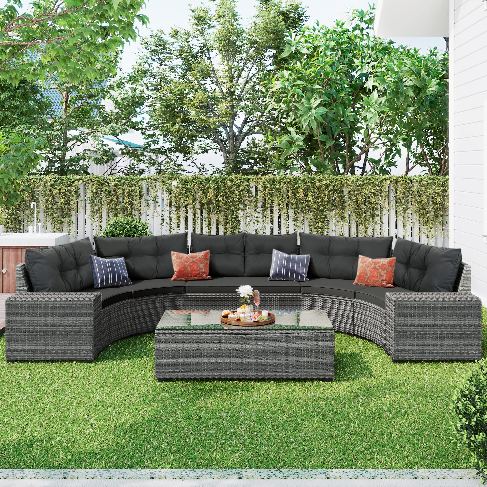 Merax 8-pieces Outdoor Wicker Round Sectional Curved Sofa Set with Rectangular Coffee Table, PE Rattan Water-resistant and UV Protected, Movable Cushion, Half-Moon Style, Grey