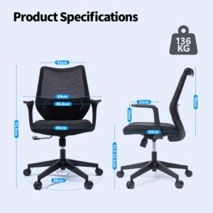 Desk Chair, Ergonomic Office Chair with Movable Cushion Lumbar Support, Mesh Chair with Fixed Armrest and PU Wheels Tilting & Height Adjustment Desk Chair, Black