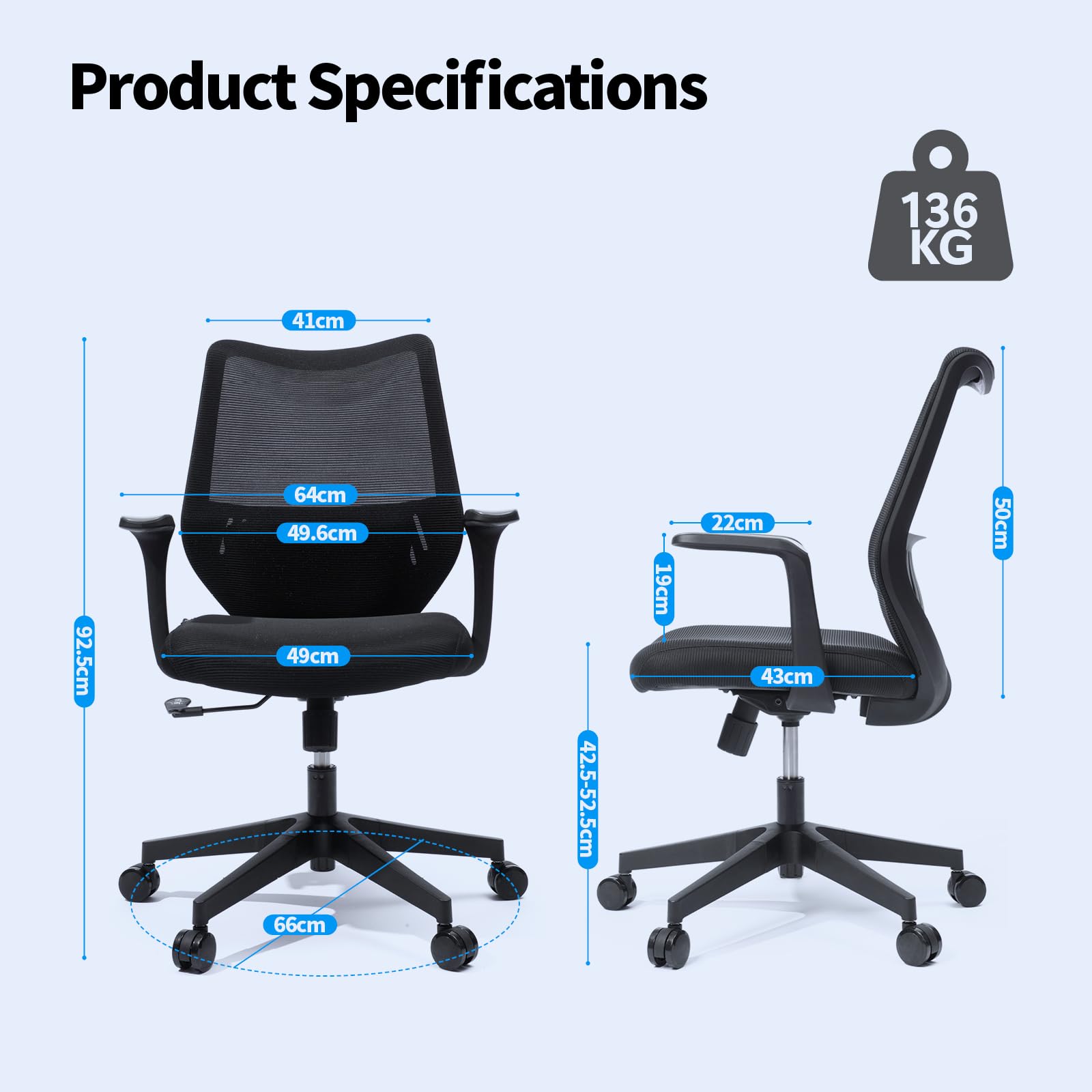 Desk Chair, Ergonomic Office Chair with Movable Cushion Lumbar Support, Mesh Chair with Fixed Armrest and PU Wheels Tilting & Height Adjustment Desk Chair, Black