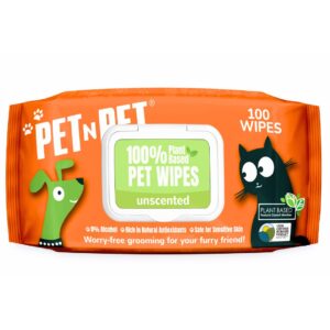 pet n pet 100% plant based dog wipes for paws and butt, 100 counts dog pet wipes, 8" x 8" hypoallergenic unscented dog wipes, cleaning deodorizing cat wipes, puppy wipes, dog paw wipes, dog face wipes