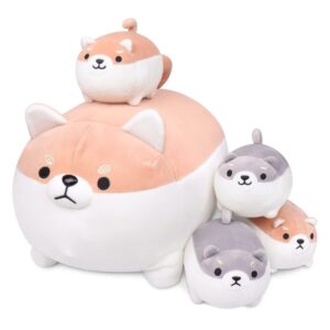 shiba inu plush, 5 pcs shiba inu stuffed animal family, 15.8" corgi plushie cute soft plush pillow toy anime kawaii plush soft corgi pillow,dog mommy with 4 puppies plush toy gifts for boys girls