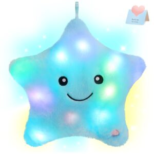 wewill 9'' led twinkle star soft plush pillow toys glowing stuffed star light up pillow plush with colorful night lights birthday valentines day gift for toddler kids(blue)