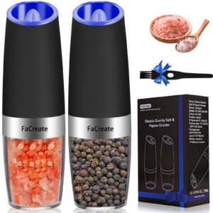 facreate gravity electric salt and pepper grinder set,automatic operation electric salt and pepper shakers set，battery powered adjustable coarseness pepper mill grinder led light, black (2pack)