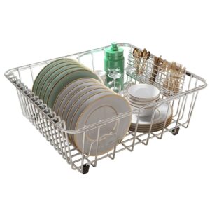 esbolm dish drainers for inside sink - adjustable over sink stainless steel dish rack,expandable 15.1" to 21.28" dish drying rack,with utensil holder-x-large(for 3-6 people)