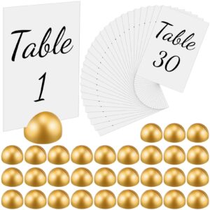 queekay 30 pieces wedding table number 1-30 with stands 4 x 6 inch table number signs with round card holder wedding seating chart for wedding reception centerpieces decorations event party (gold)