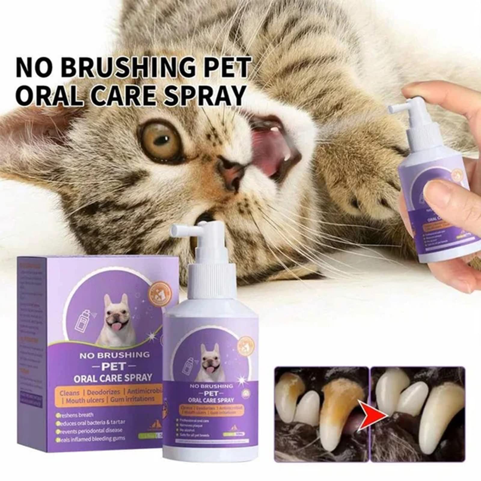 YKLWORLD Pet Teeth Cleaning Spray, Pet Clean Breath Freshener Breath Removal Spray, Pet Mouth Spray, Teeth Cleaning Spray for Dogs & Cats, Pet Clean No Brushing Pet Oral Care Spray (1PCS)