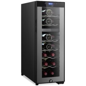 nutrichef pkcwcds182 18 bottle fridge | dual zone chiller | adjustable temperature 41°f to 64°f | ultra quiet operation | wine cooler for home, & office | free standing 32x11x26 in (black)